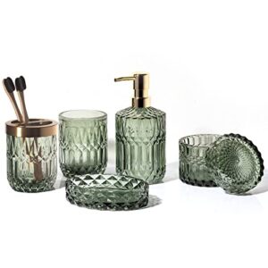 empo 6pcs bathroom glass accessories set (lotion soap dispenser, soap dish, toothbrush holder, tumbler, cotton swab jar) contemporary modern decor crystal clear vintage gift (6pcs green)