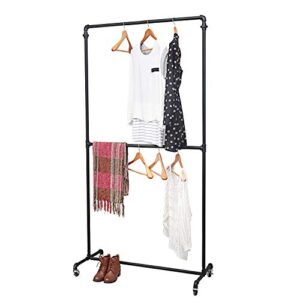 industrial pipe clothing racks on wheels double hanging rod metal clothing rack,heavy duty commercial display garment rack,vintage retail rack hanging weight rack, metal ballet rolling racks,black