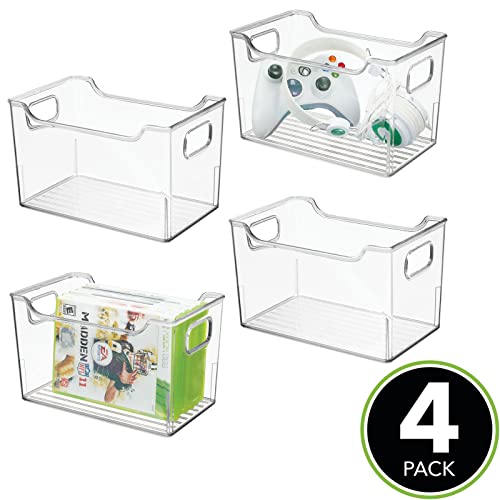 mDesign Deep Plastic Storage Organizer Container Bin, Game and Comic Organization for Cabinet, Cupboard, Playroom, Shelves, or Closet - Holds Video Games, Tablets, DVDs, or Controllers, 4 Pack, Clear