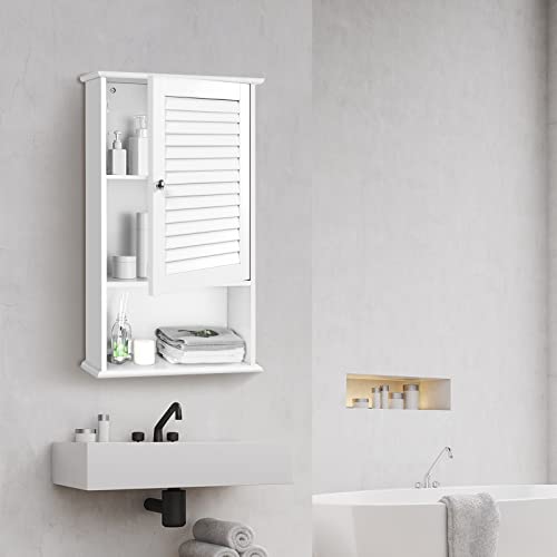 COSTWAY Bathroom Wall Cabinet, Large Capacity Storage Cupboard Cabinet w/Single Louver Door & Height Adjustable Shelf, Wood Wall Mounted Medicine Cabinet for Bathroom, Living Room, Kitchen (White)