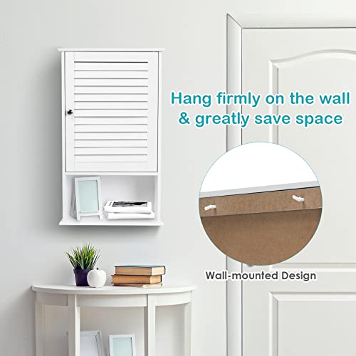 COSTWAY Bathroom Wall Cabinet, Large Capacity Storage Cupboard Cabinet w/Single Louver Door & Height Adjustable Shelf, Wood Wall Mounted Medicine Cabinet for Bathroom, Living Room, Kitchen (White)