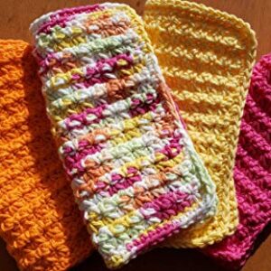 Handmade crochet washcloths, dishcloths * thick and dense* 100% cotton set of 4 (Ovr rainbow, dark pink, coral and yellow colors)