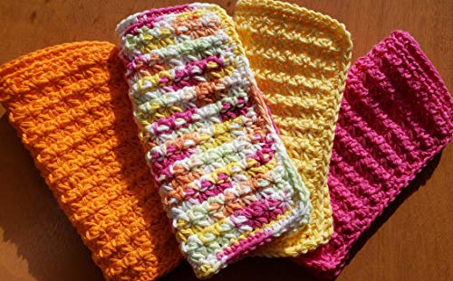 Handmade crochet washcloths, dishcloths * thick and dense* 100% cotton set of 4 (Ovr rainbow, dark pink, coral and yellow colors)