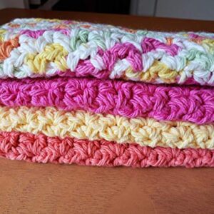 Handmade crochet washcloths, dishcloths * thick and dense* 100% cotton set of 4 (Ovr rainbow, dark pink, coral and yellow colors)