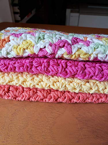 Handmade crochet washcloths, dishcloths * thick and dense* 100% cotton set of 4 (Ovr rainbow, dark pink, coral and yellow colors)