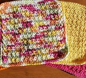 Handmade crochet washcloths, dishcloths * thick and dense* 100% cotton set of 4 (Ovr rainbow, dark pink, coral and yellow colors)