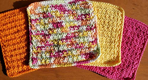 Handmade crochet washcloths, dishcloths * thick and dense* 100% cotton set of 4 (Ovr rainbow, dark pink, coral and yellow colors)