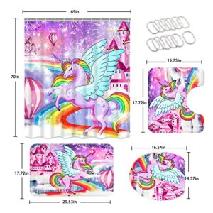 4 Pcs Unicorn Kids Shower Curtain Set with Memory Foam Bath Mat, Non-Slip Bathroom Rugs and Toilet Lid Cover, Waterproof Pink Rainbow Shower Curtain with Hooks, Kawaii Girls Kids Bathroom Decor Sets