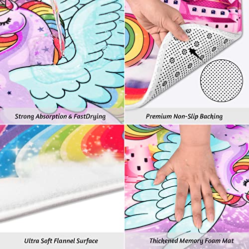 4 Pcs Unicorn Kids Shower Curtain Set with Memory Foam Bath Mat, Non-Slip Bathroom Rugs and Toilet Lid Cover, Waterproof Pink Rainbow Shower Curtain with Hooks, Kawaii Girls Kids Bathroom Decor Sets