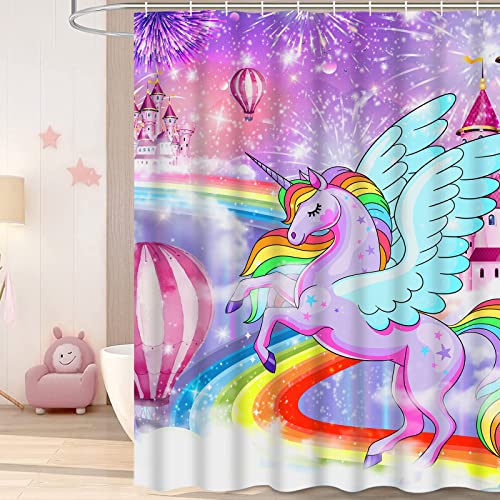 4 Pcs Unicorn Kids Shower Curtain Set with Memory Foam Bath Mat, Non-Slip Bathroom Rugs and Toilet Lid Cover, Waterproof Pink Rainbow Shower Curtain with Hooks, Kawaii Girls Kids Bathroom Decor Sets