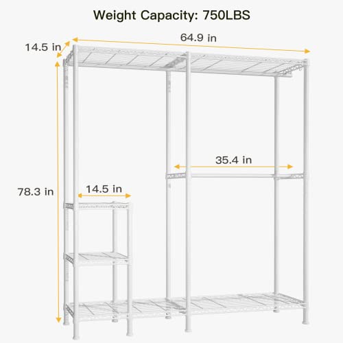 Ulif E2 Heavy Duty Garment Rack, 4-Tier Adjustable Free Standing Closet, Closet Organizers and Storage with 3 Hanger Rods for Bedroom and Cloakroom, 65”W x 14.5”D x 78.3”H, Load Capacity 750LBS, White