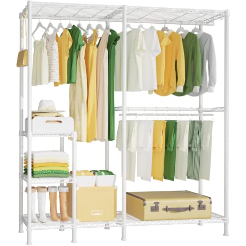 Ulif E2 Heavy Duty Garment Rack, 4-Tier Adjustable Free Standing Closet, Closet Organizers and Storage with 3 Hanger Rods for Bedroom and Cloakroom, 65”W x 14.5”D x 78.3”H, Load Capacity 750LBS, White