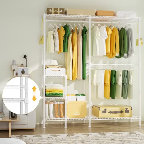 Ulif E2 Heavy Duty Garment Rack, 4-Tier Adjustable Free Standing Closet, Closet Organizers and Storage with 3 Hanger Rods for Bedroom and Cloakroom, 65”W x 14.5”D x 78.3”H, Load Capacity 750LBS, White