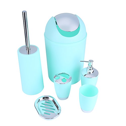 AYNEFY 6-Piece Bathroom Set, Modern Style Toilet Bathroom Accessories Toilet Kit with Soap Dispenser Toothbrush Holder Soap Dish Cup Toilet Brush Holder Set Rubbish Bin Purple (Blue Cyan)