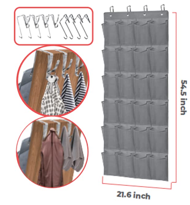 MERB HOME door Shoe Storage Organizer with 24 large pockets! 8 hooks included! 4 regular hooks and four special double-sided hooks for hanging coats or towels on the other side - Foldable Organizer