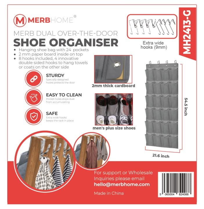 MERB HOME door Shoe Storage Organizer with 24 large pockets! 8 hooks included! 4 regular hooks and four special double-sided hooks for hanging coats or towels on the other side - Foldable Organizer