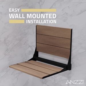 Saxon 17 in. Teak Wall Mounted Folding Shower Seat in Matte Black