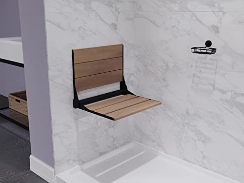 Saxon 17 in. Teak Wall Mounted Folding Shower Seat in Matte Black