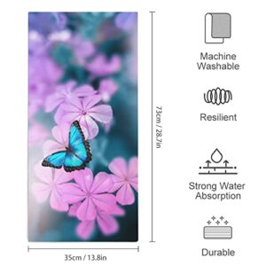 TsyTma Blue Butterfly on Pink-Violet Flowers Hand Towel Yoga Gym Face Spa Towels Spring Florals Absorbent Multipurpose for Bathroom Kitchen Hotel Home Decor 15x30 Inch