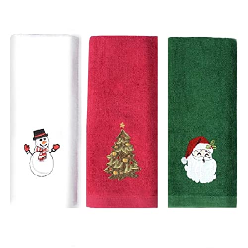 Christmas Hand Towels, 3 PCS Christmas Kitchen Towels, 12x18 In, 100% Cotton Christmas Bathroom Towels,Decorative Dish Towels,Embroidered Holiday Design Towels Gift Set, 3 Color (Red, Green, White)