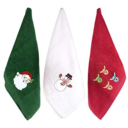 Christmas Hand Towels, 3 PCS Christmas Kitchen Towels, 12x18 In, 100% Cotton Christmas Bathroom Towels,Decorative Dish Towels,Embroidered Holiday Design Towels Gift Set, 3 Color (Red, Green, White)