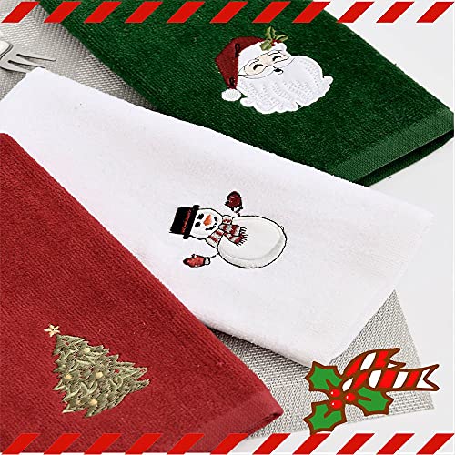 Christmas Hand Towels, 3 PCS Christmas Kitchen Towels, 12x18 In, 100% Cotton Christmas Bathroom Towels,Decorative Dish Towels,Embroidered Holiday Design Towels Gift Set, 3 Color (Red, Green, White)