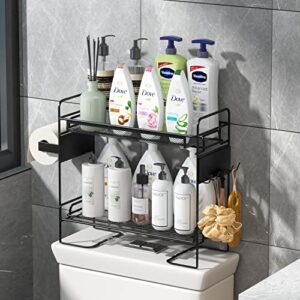 bathroom over the toilet storage shelf with magnetic hook set and toilet paper holder, 2-tier black mesh bracket shelves, compact design