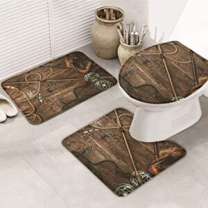 3 piece bath rugs set non-slip bathroom mats absorbent contour soft mat toilet lid cover bathroom decor set- fisherman's fishing equipment on a rustic wooden table 20"x32"+16"x18"+16"x20"