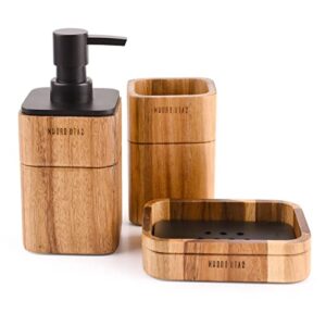 lunavita bathroom accessories set 3 piece bath ensemble includes soap dispenser, bathroom tumbler, soap dish accessories for decorative countertop and housewarming gift,acacia wood