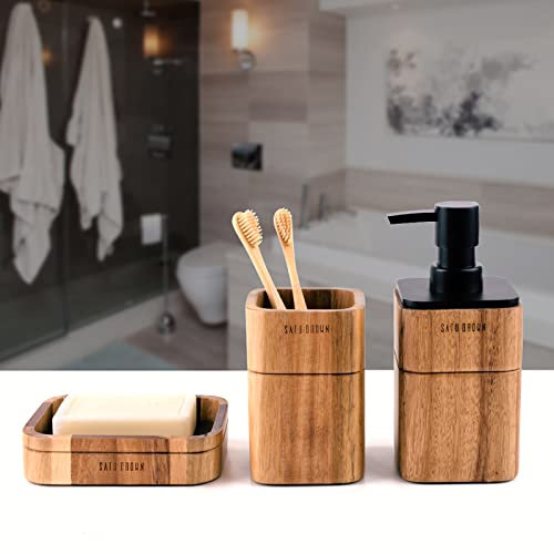 Lunavita Bathroom Accessories Set 3 Piece Bath Ensemble Includes Soap Dispenser, Bathroom Tumbler, Soap Dish Accessories for Decorative Countertop and Housewarming Gift,Acacia Wood