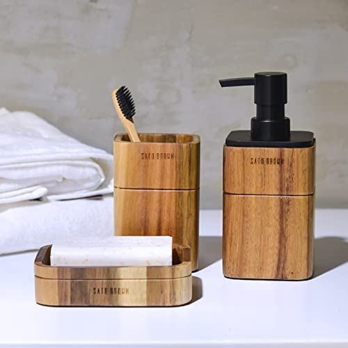 Lunavita Bathroom Accessories Set 3 Piece Bath Ensemble Includes Soap Dispenser, Bathroom Tumbler, Soap Dish Accessories for Decorative Countertop and Housewarming Gift,Acacia Wood