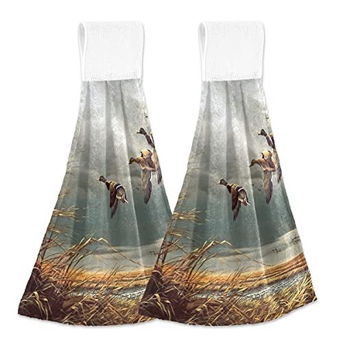 NINEHASA Hand Towels for Bathroom and Kitchen,Hunting Flying Wild Ducks Autumn,Soft Absorbent Hanging Tie Towel with Loop Used for Tea,Bar,Laundry Room,Bath,Decor,Set of 2