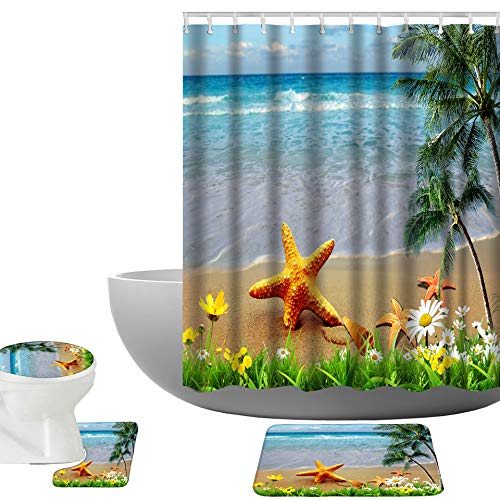 Amagical 16 Pieces Bathroom Mat Set Shower Curtain Set Starfish Sea Beach with Flowers Blue Ocean Bath Mat Contour Mat Toilet Cover Shower Curtain with 12 Hooks