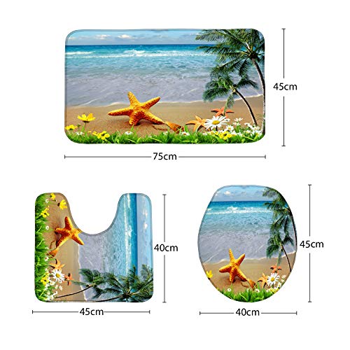 Amagical 16 Pieces Bathroom Mat Set Shower Curtain Set Starfish Sea Beach with Flowers Blue Ocean Bath Mat Contour Mat Toilet Cover Shower Curtain with 12 Hooks