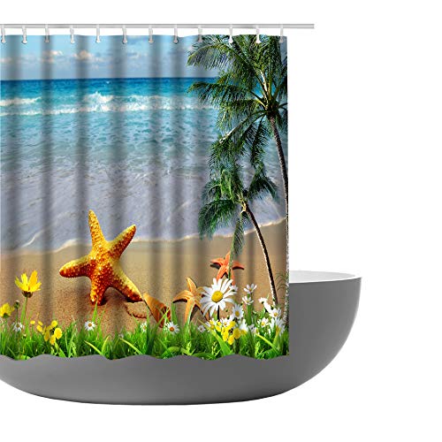 Amagical 16 Pieces Bathroom Mat Set Shower Curtain Set Starfish Sea Beach with Flowers Blue Ocean Bath Mat Contour Mat Toilet Cover Shower Curtain with 12 Hooks