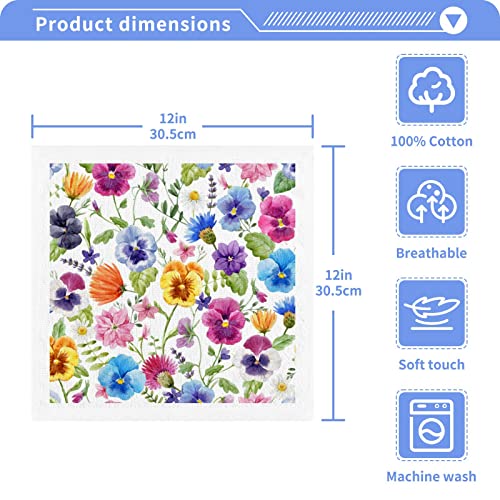 Kigai 100% Cotton Wash Cloths Set of 4 Packs - Pansy Flowers Extra Absorbent Kitchen Dish Cloths - 12 x 12 Inches Reusable Soft Feel Towels for Face