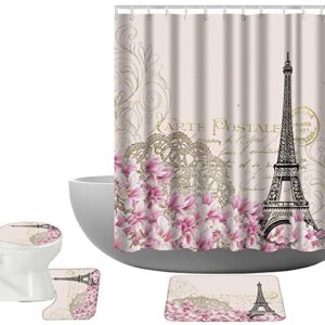 amagical paris decor eiffel tower with pink flowers vintage soft color 16 piece bathroom mat set shower curtain set bath mat contour mat toilet cover fabric shower curtian 12 hook