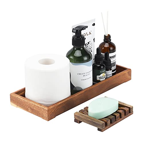 Farmhouse Wooden Vanity Tray Small Rectangle, Rustic Bathroom Tray Bathroom Organizer, Cosmetics Holder for Tissue Towel Jewelry Ring Dish Dresser Perfume, Decor Box (Brown, 4.8" W11.5 Lx1.2 H)