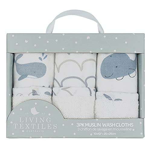 Living Textiles 100% Cotton Muslin 3-Pack Wash Cloths - Whale of a Time | Ultra Soft, Lightweight, and Absorbent Baby Wash Cloths | Baby Essentials | Baby Gift Ideas