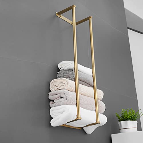 Towel Racks for Bathroom, NEWRAIN Rolled Towel Storage Wall Mounted Bath Towel Holder for Folded Large Towel Washcloths, Bathroom Organizing Brushed Gold