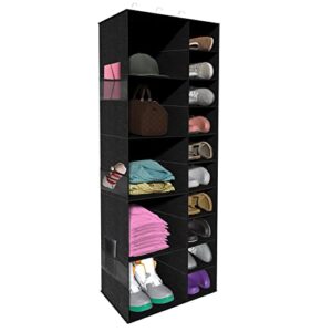 libeder shoe organizer for closet, 15 shelf hanging closet storage shelves - 10 shoe rack organizer and 5 compartment for clothes with 6 side mesh pockets for scarf, socks,gloves black