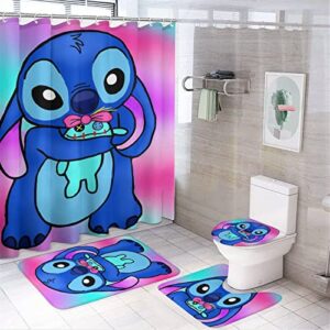 fmsnupz cartoon shower curtain 4pcs set, cute bathroom decor with non-slip rugs, toilet lid cover and bath mat, waterproof fabric shower curtains with 12 hooks, 70.8"x70.8"