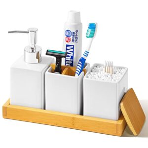 VITVITI Bamboo Bathroom Accessories, White Bathroom Organizer Countertop, Soap Dispenser and Toothbrush Holder Set, Vanity Tray for Bathroom, 4 Pieces Ceramics Decor