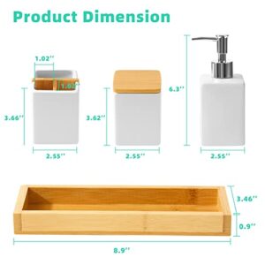 VITVITI Bamboo Bathroom Accessories, White Bathroom Organizer Countertop, Soap Dispenser and Toothbrush Holder Set, Vanity Tray for Bathroom, 4 Pieces Ceramics Decor