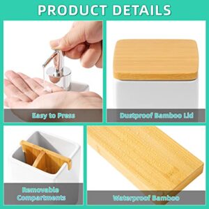 VITVITI Bamboo Bathroom Accessories, White Bathroom Organizer Countertop, Soap Dispenser and Toothbrush Holder Set, Vanity Tray for Bathroom, 4 Pieces Ceramics Decor