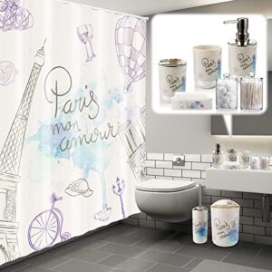 bathroom accessories set complete with paris tower shower curtain,9 piece bathroom sets with toothbrush holder,toothbrush cup,lotion soap dispenser,soap dish,toilet brush,trash can,qtip holder