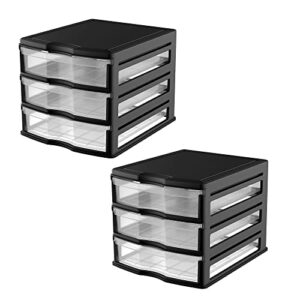 life story 3 drawer stackable shelf organizer plastic storage drawers for bathroom storage, make up, or pantry organization, black (2 pack)