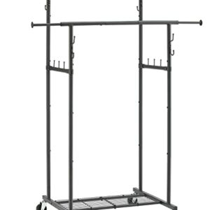 Gewudraw Double Rod Garment Rack, Heavy Duty Clothes Rack, Metal Rolling Garment Rack with Wheels, Shelves and Hooks, Clothing Garment Rack Closet Organizer Freestanding Hanger for Hanging Clothes