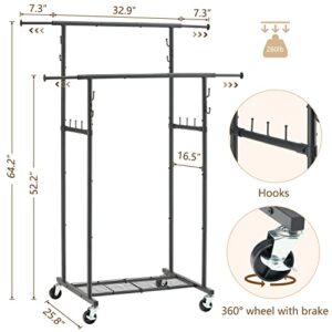 Gewudraw Double Rod Garment Rack, Heavy Duty Clothes Rack, Metal Rolling Garment Rack with Wheels, Shelves and Hooks, Clothing Garment Rack Closet Organizer Freestanding Hanger for Hanging Clothes