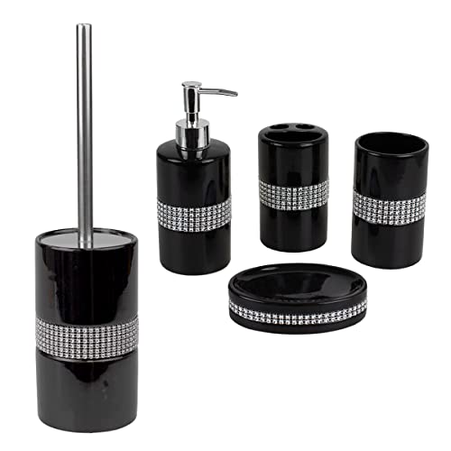 Crystal-Trimmed Bundle Set (Black), by Home Basics | Includes Bath Accessories for Bathroom and Toilet Bowl Brush and Holder | Stylish and Chic Bathroom Pieces